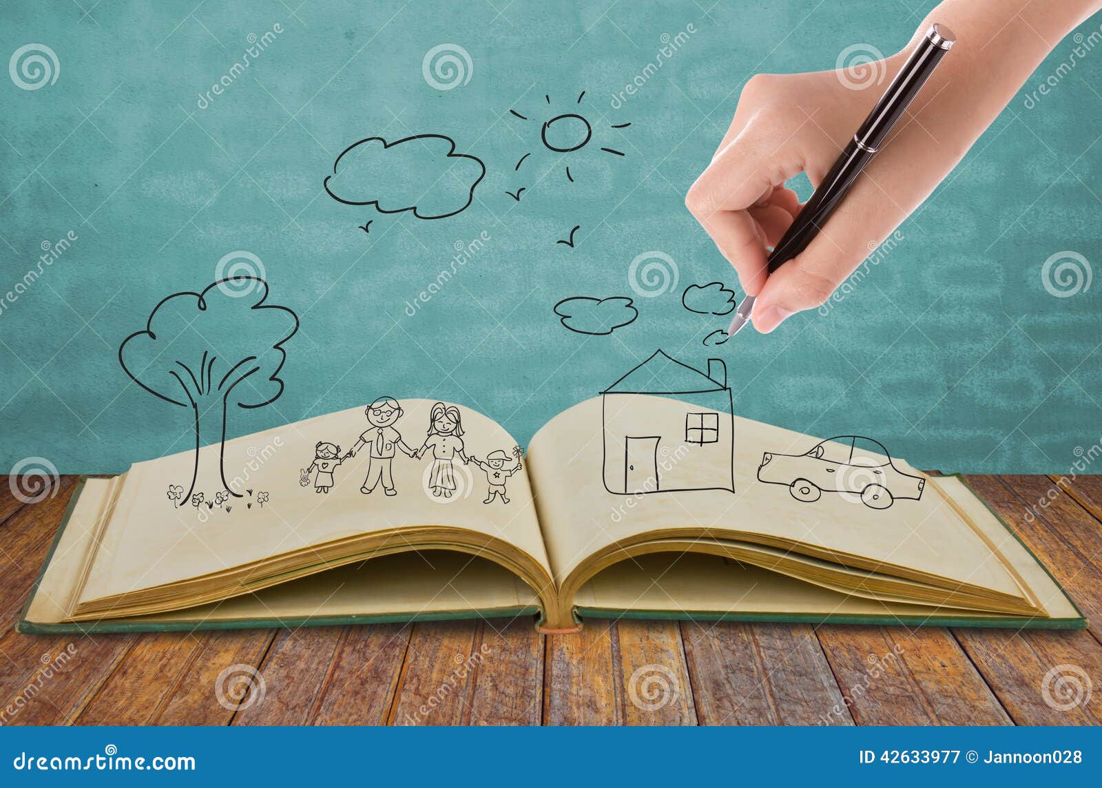 Hand Draw in Open Book of Lovely Family Imagination Stock Image - Image ...