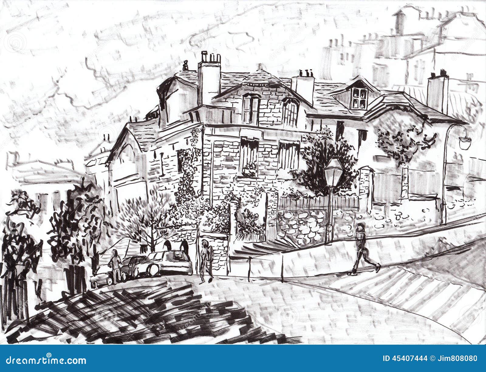 Hand draw paris street stock illustration. Illustration of view - 45407444