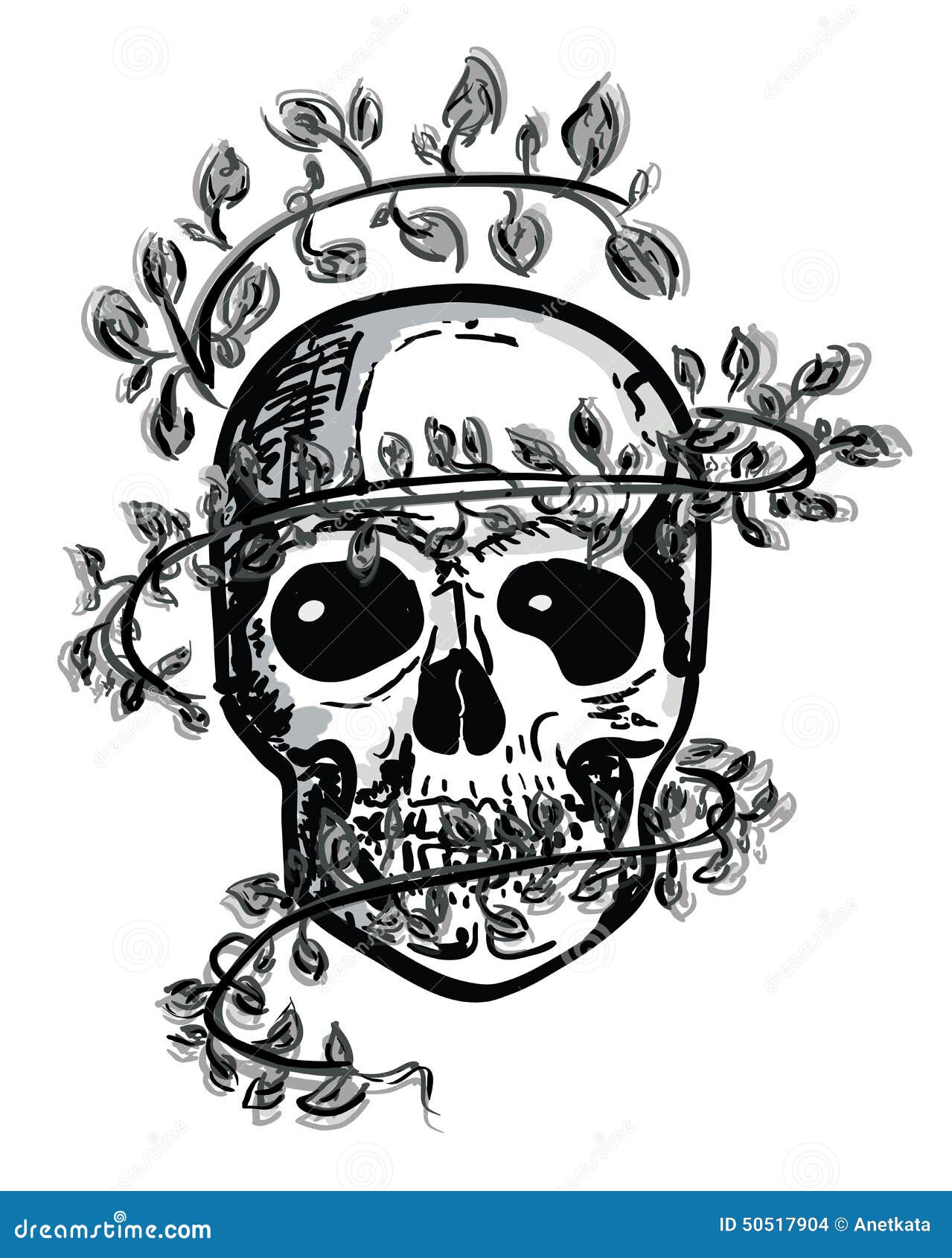 Hand Draw Scull with Leaves Stock Illustration - Illustration of bright ...