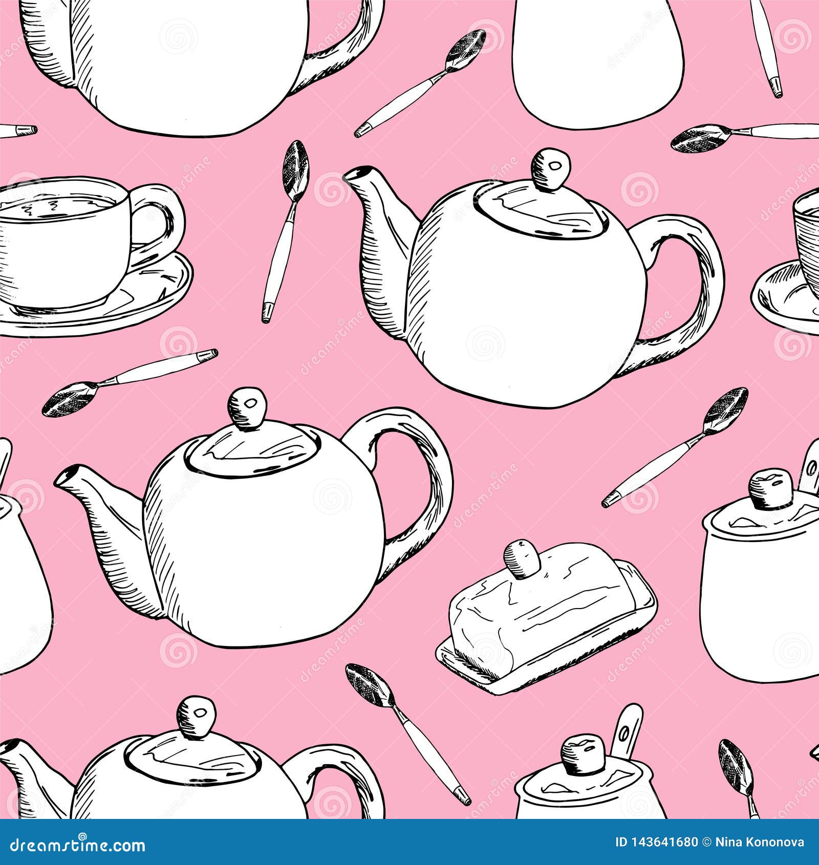 Hand Draw Seamless Pattern. Cup of Coffee, Tea Time Stock Vector ...
