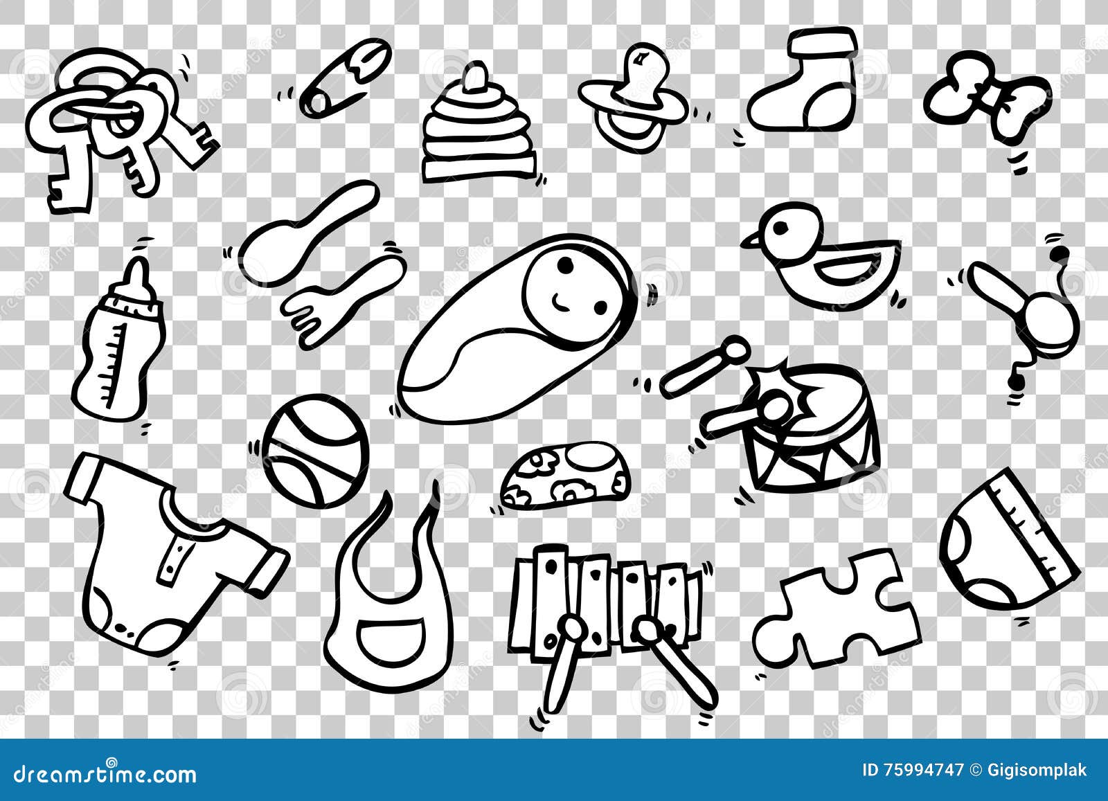 Hand Draw Sketch, Baby Stuff Stock Vector - Illustration of cloth, ball ...