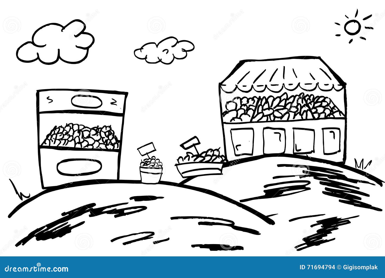 Hand Draw Sketch of Fruit Store Stock Vector - Illustration of hill ...