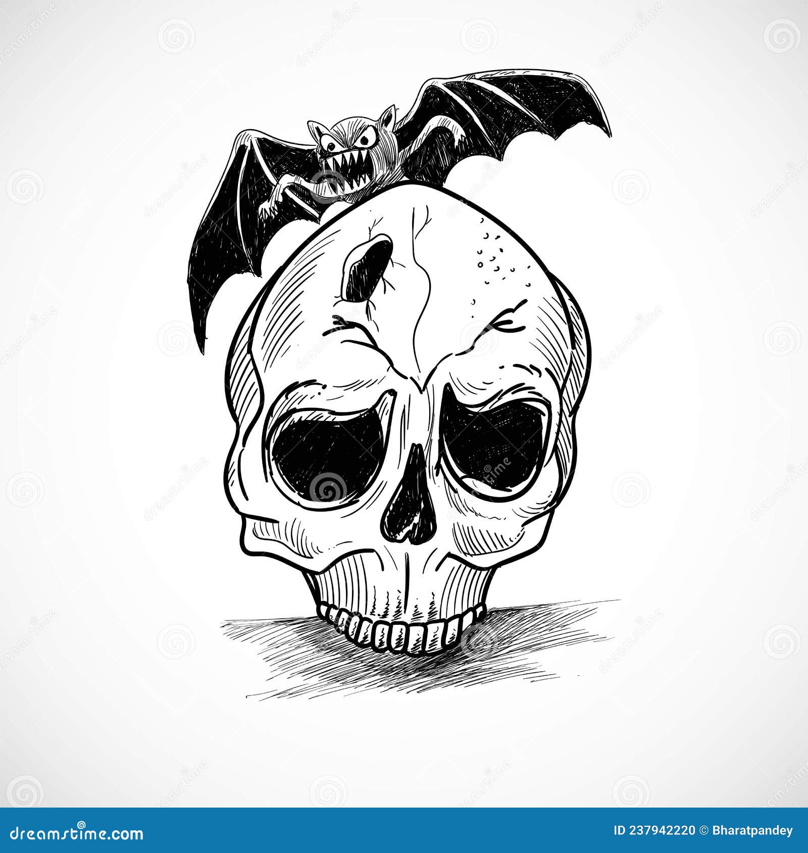 Hand Draw Skull with Bat Sketch Design Stock Vector - Illustration of ...