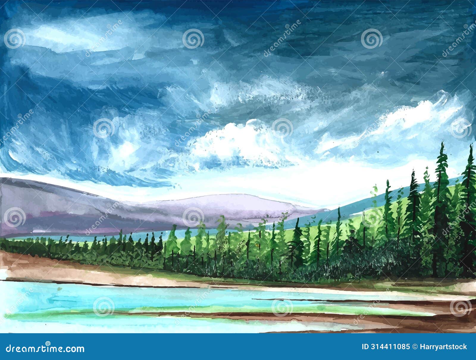 Hand Draw Spring Landscape Scene Watercolor Background Stock Vector ...