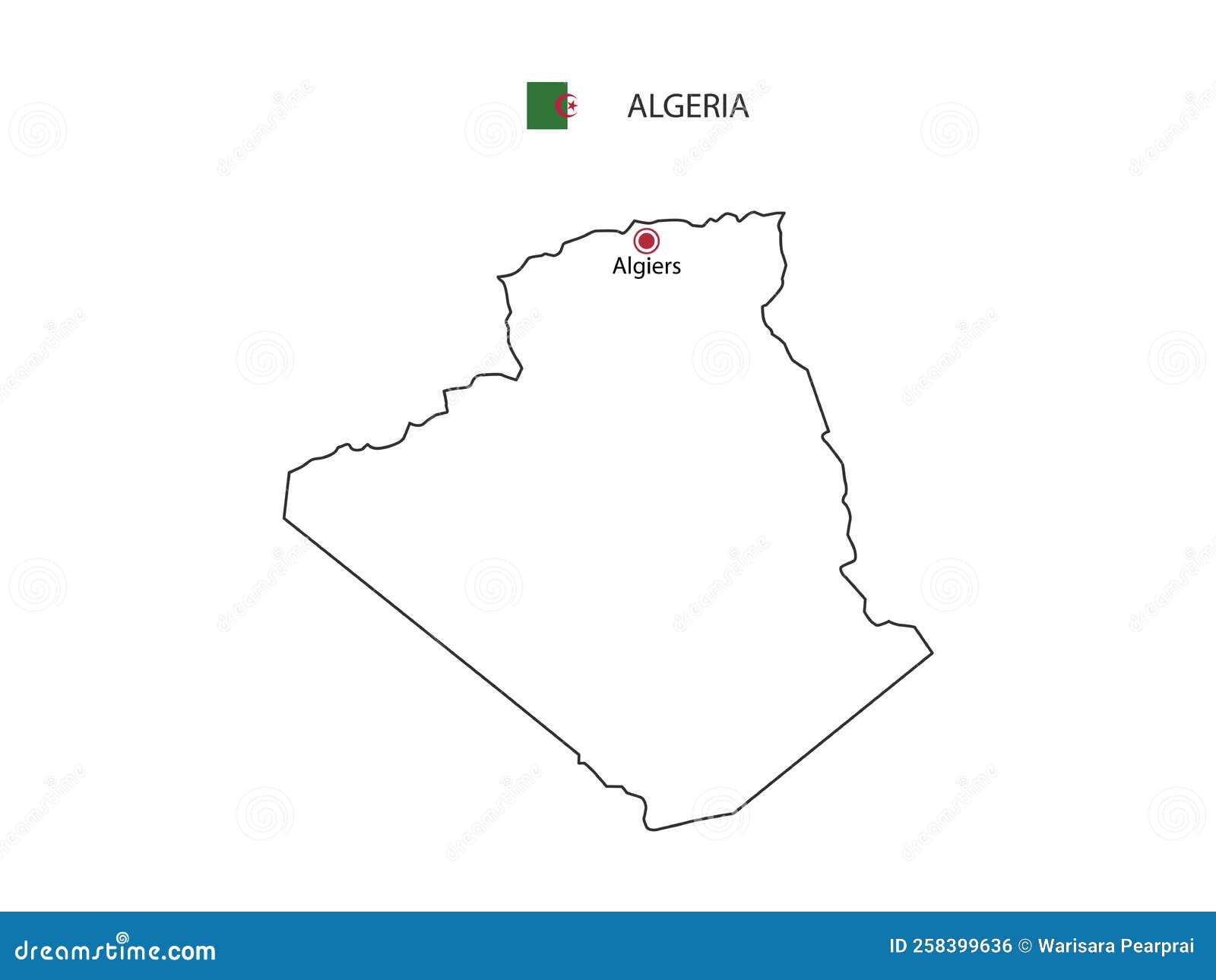 Hand Draw Thin Black Line Vector of Algeria Map with Capital City ...