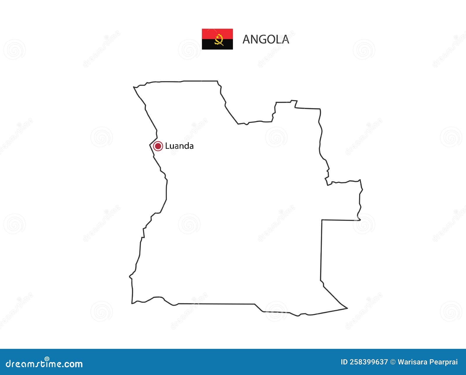 Hand Draw Thin Black Line Vector of Angola Map with Capital City Luanda ...