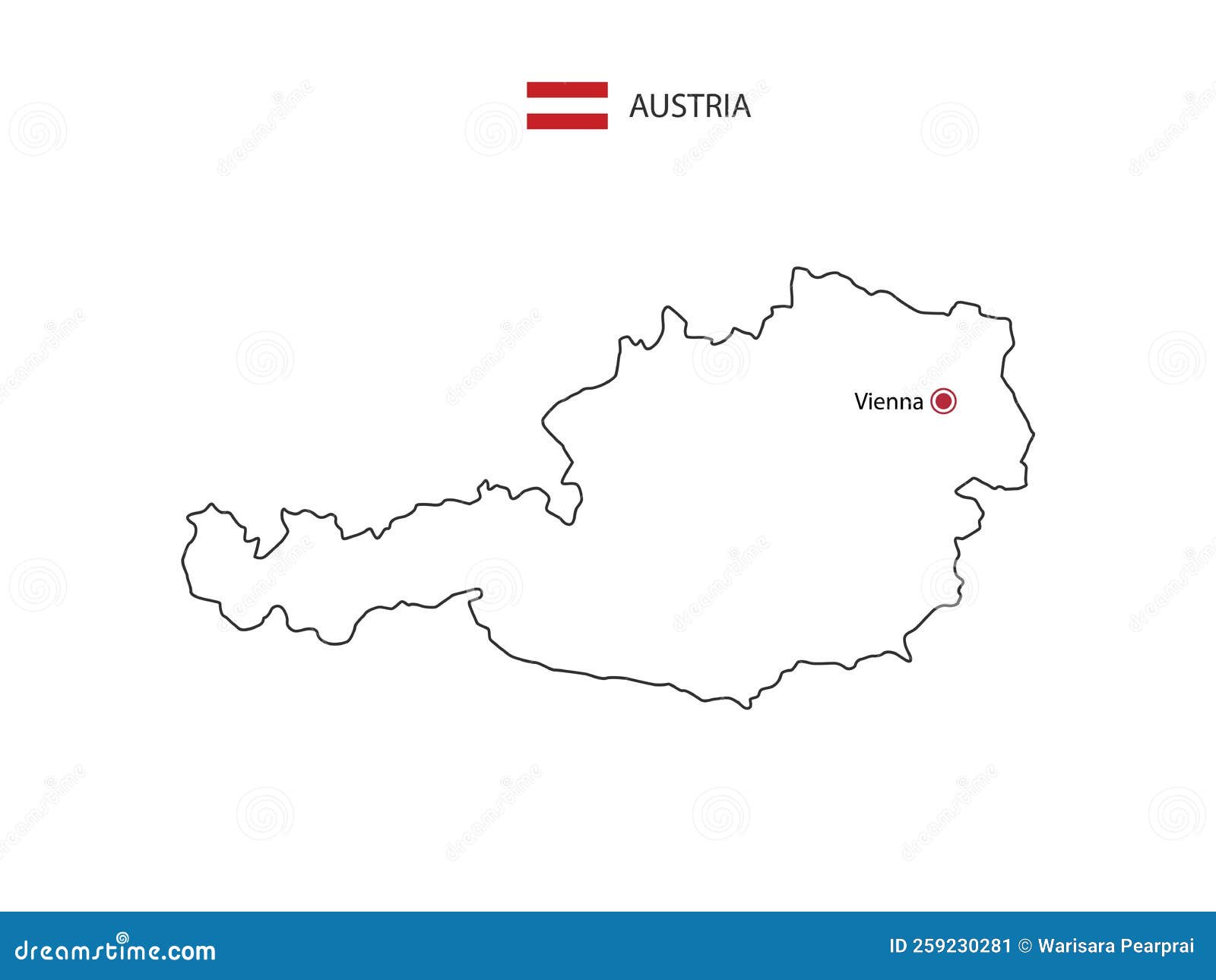 Hand Draw Thin Black Line Vector of Austria Map with Capital City Vienna Stock Vector ...