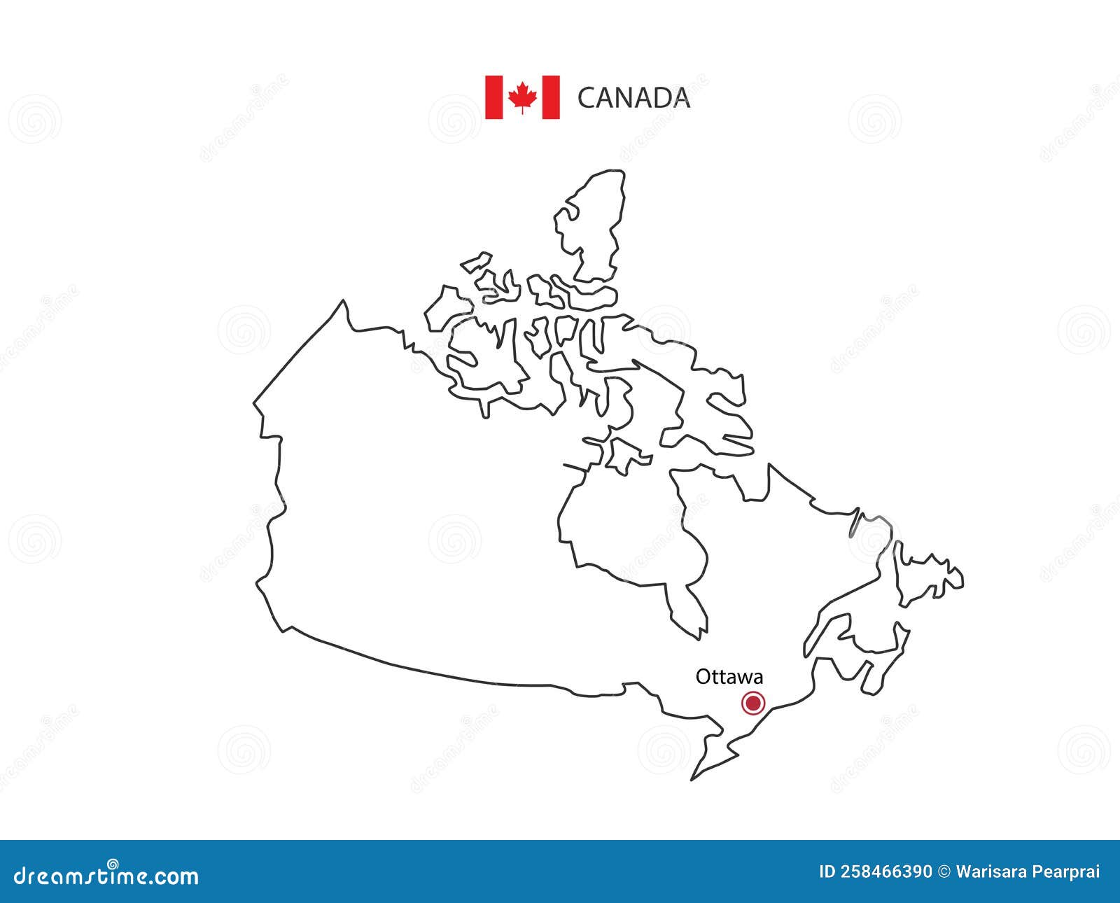 Hand Draw Thin Black Line Vector of Canada Map with Capital City Ottawa ...