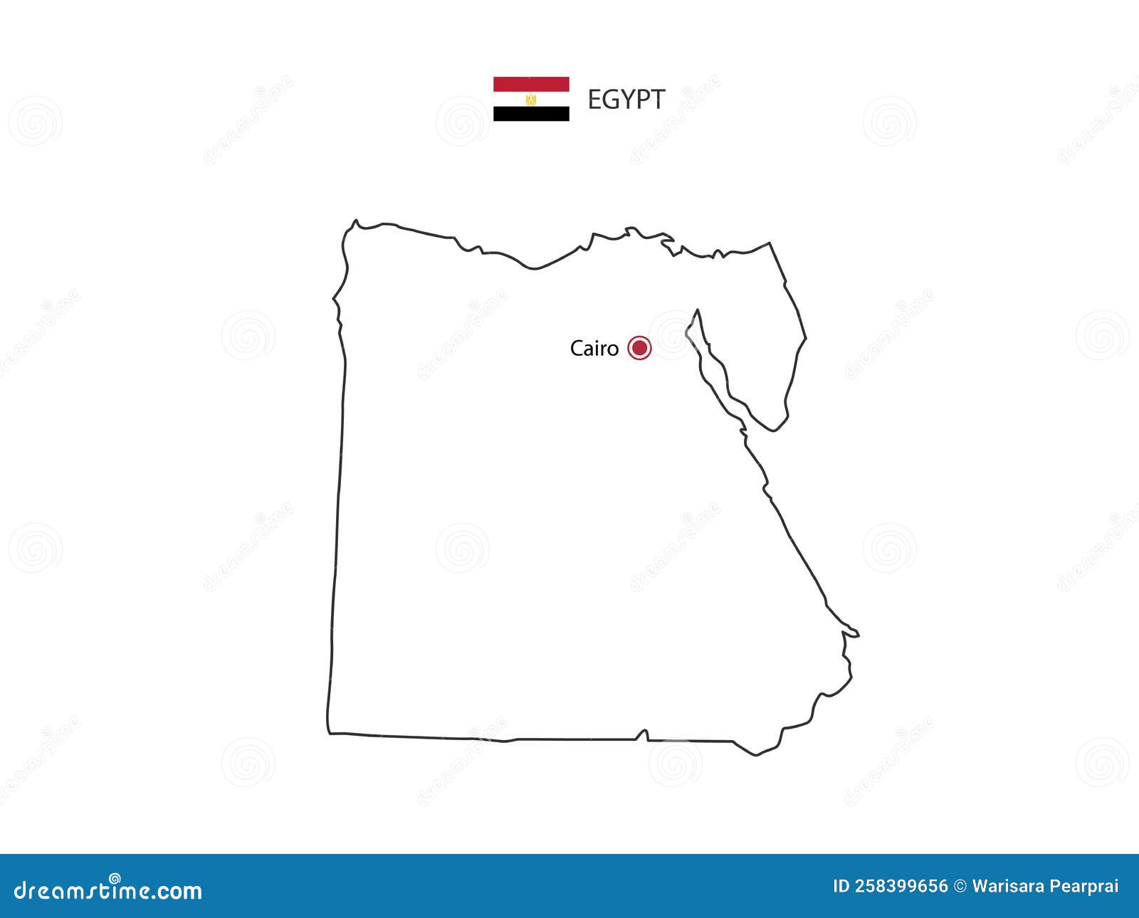 Hand Draw Thin Black Line Vector of Egypt Map with Capital City Cairo ...