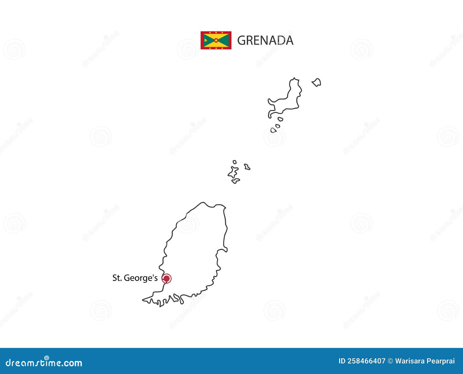 Hand Draw Thin Black Line Vector of Grenada Map with Capital City St ...