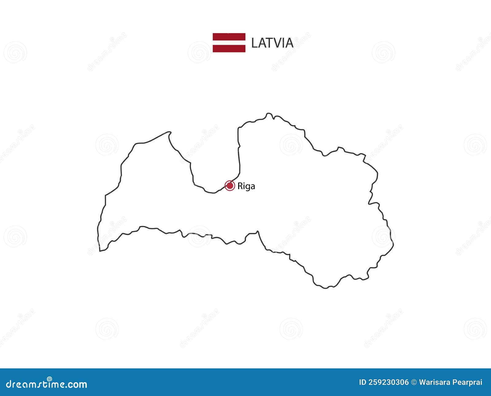 Hand Draw Thin Black Line Vector of Latvia Map with Capital City Riga ...