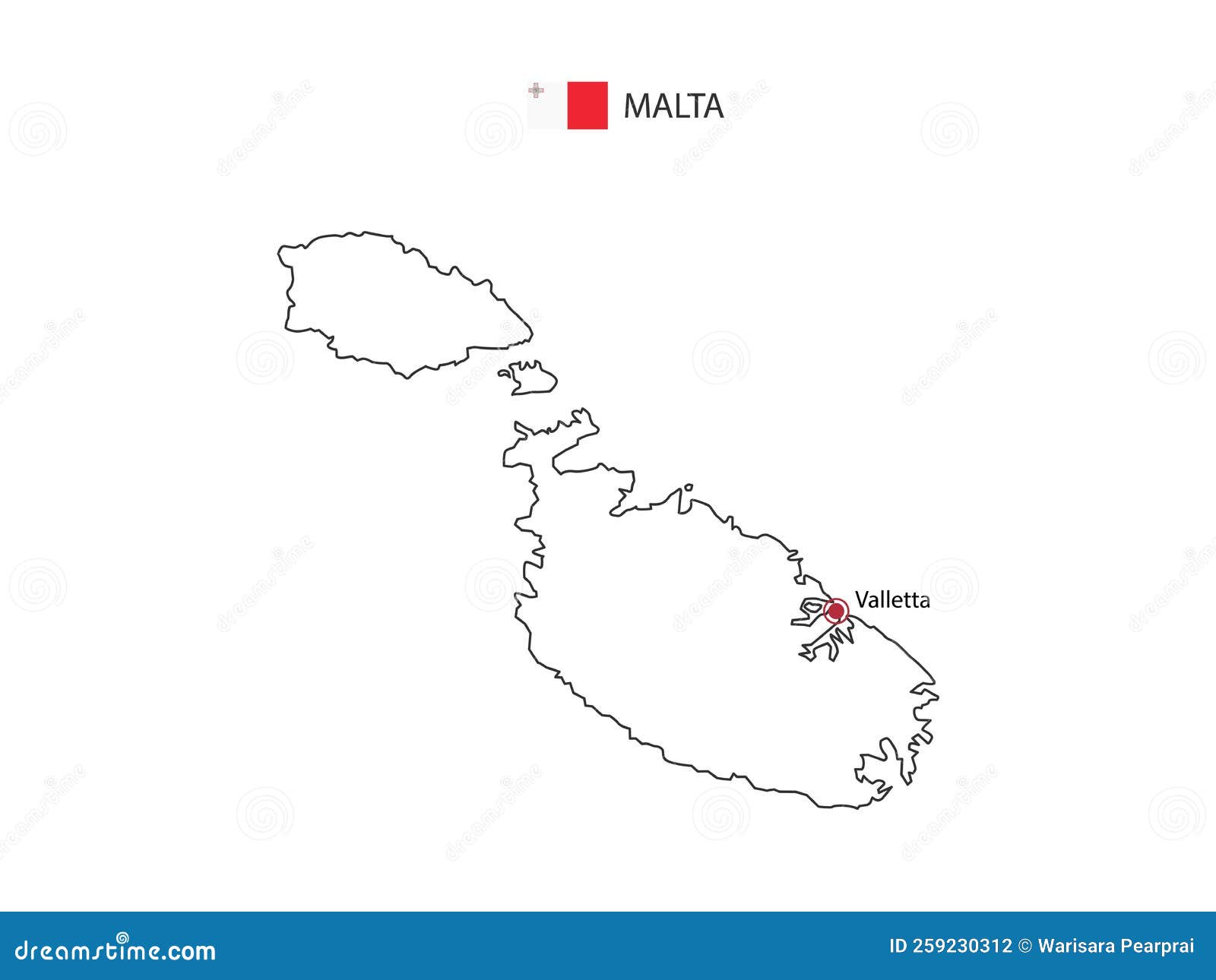 Hand Draw Thin Black Line Vector Of Malta Map With Capital City