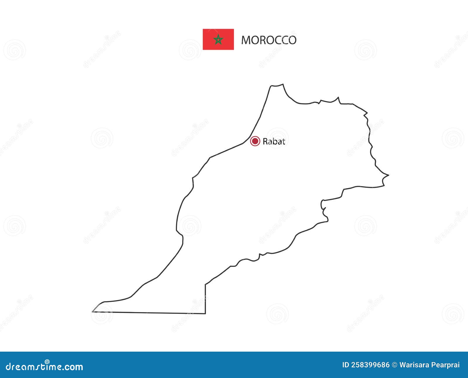 Hand Draw Thin Black Line Vector of Morocco Map with Capital City Rabat ...