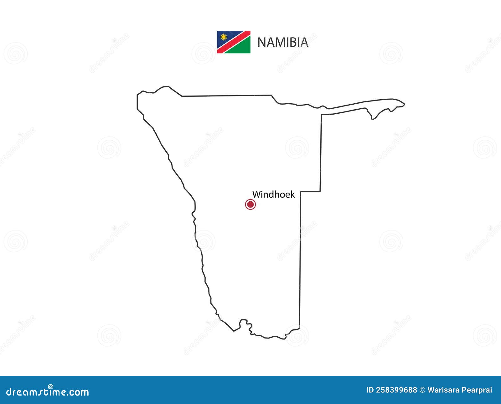 Hand Draw Thin Black Line Vector of Namibia Map with Capital City ...