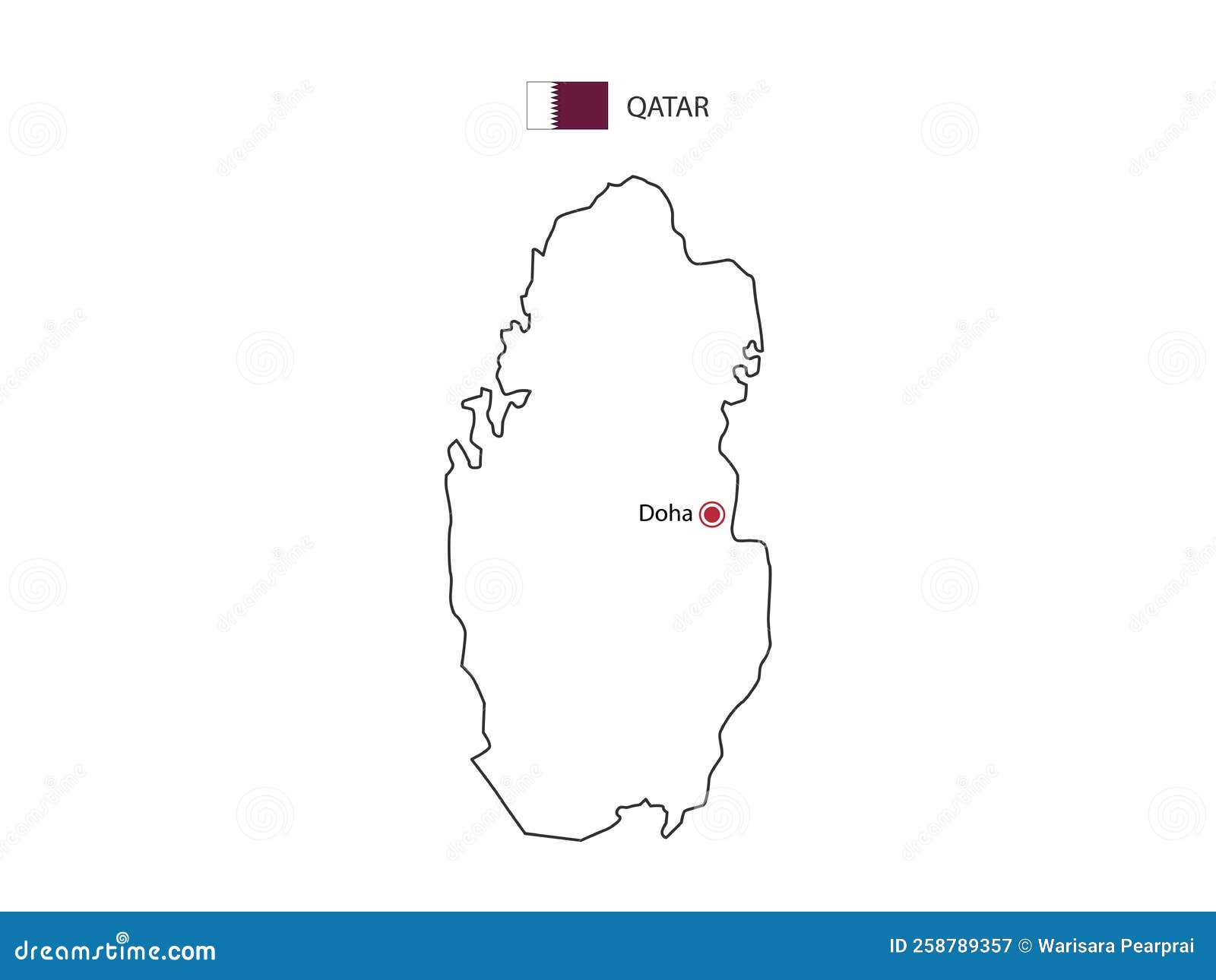 Hand Draw Thin Black Line Vector of Qatar Map with Capital City Doha ...