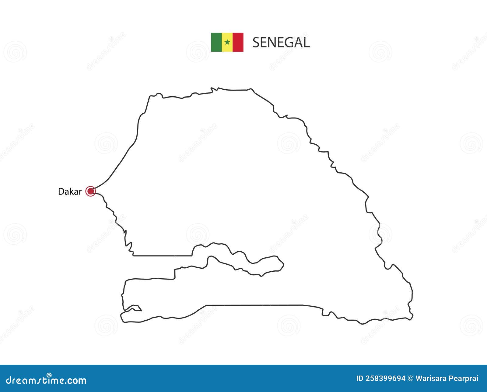 Hand Draw Thin Black Line Vector of Senegal Map with Capital City Dakar ...