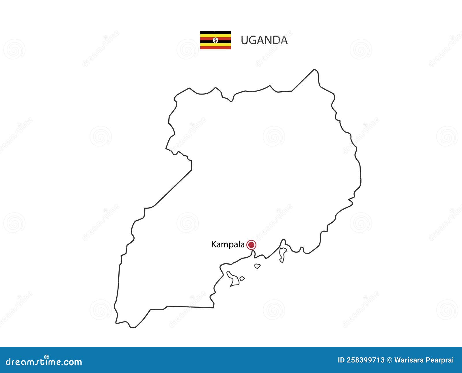 Hand Draw Thin Black Line Vector of Uganda Map with Capital City Kampala Stock Vector ...