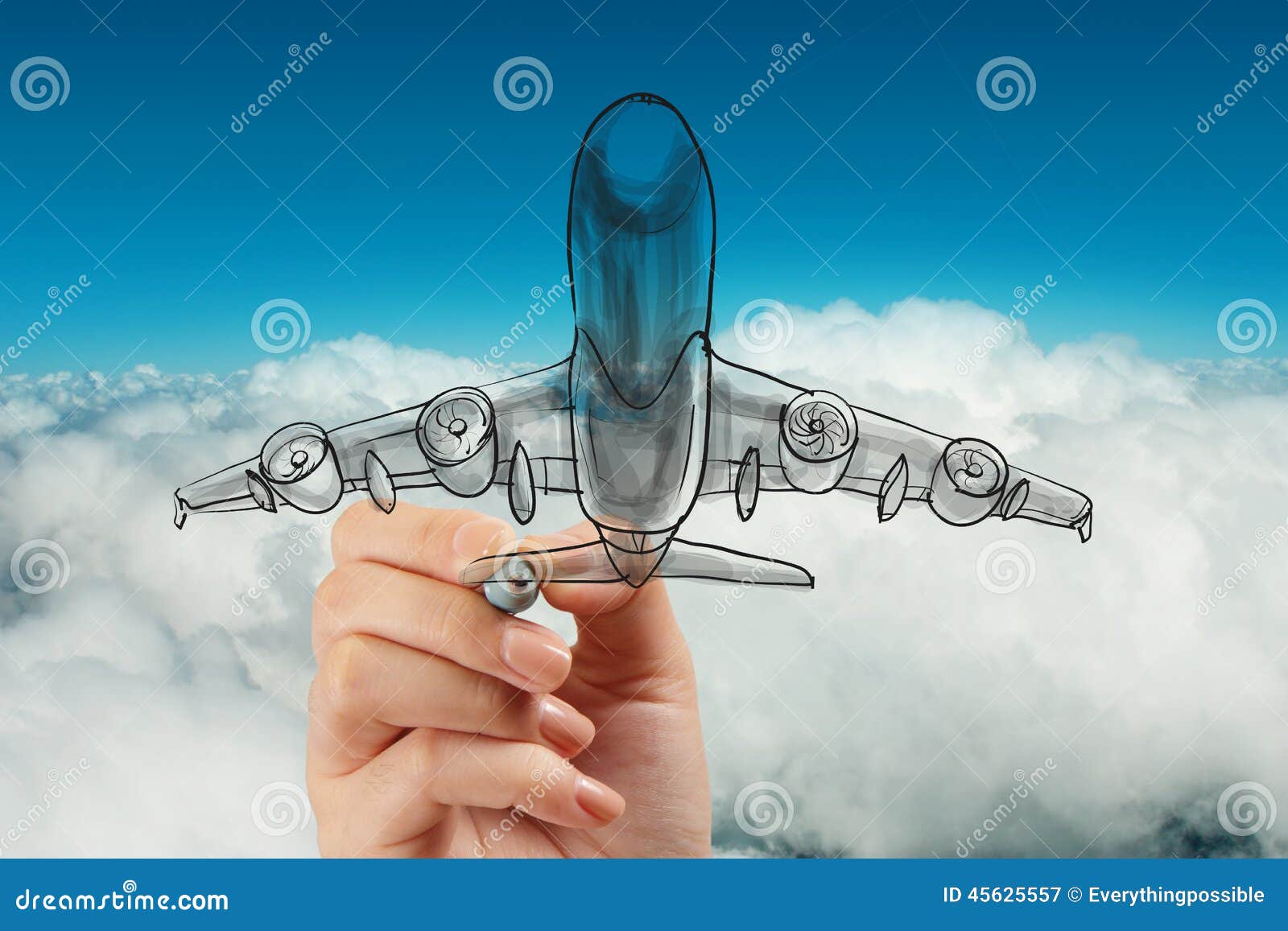 Hand Drawing Airplane on Blue Sky Stock Image - Image of passenger ...