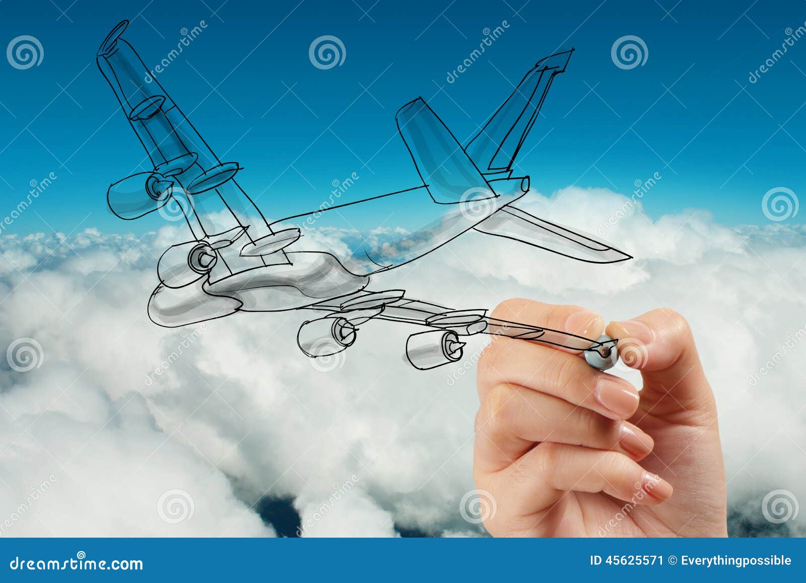 Hand Drawing Airplane on Blue Sky Stock Image - Image of modern, icon ...