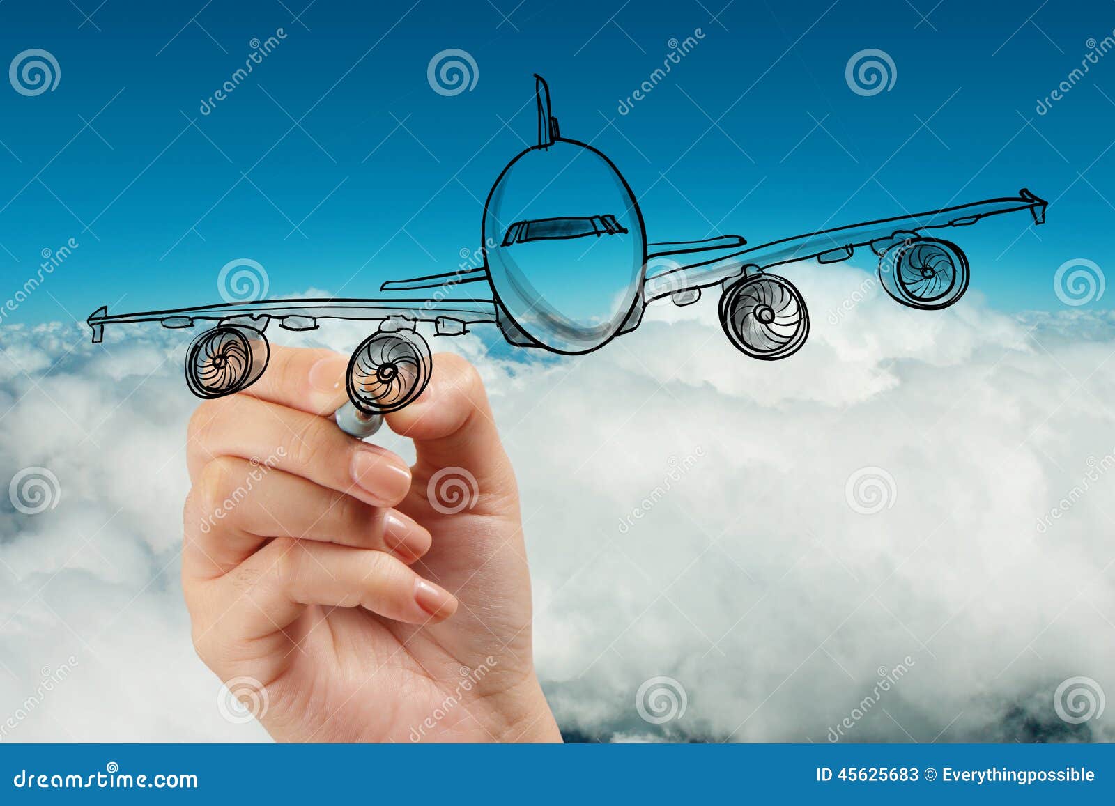 Hand Drawing Airplane on Blue Sky Stock Image - Image of airport, plane ...