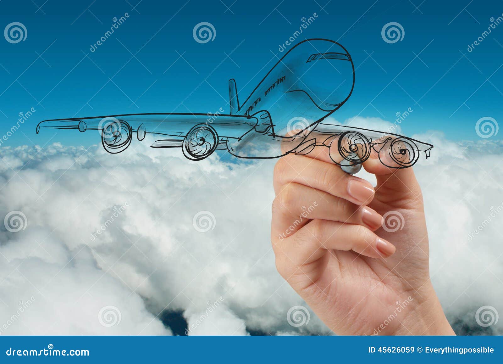Hand Drawing Airplane on Blue Sky Stock Image - Image of poster, cargo ...