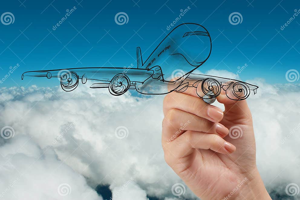 Hand Drawing Airplane on Blue Sky Stock Image - Image of poster, cargo ...