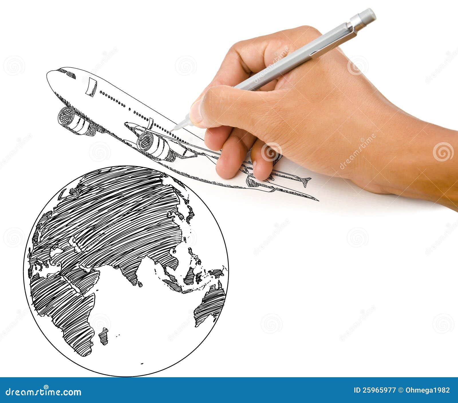 Hand Drawing Airplane for Travel Around the World. Stock Image - Image ...