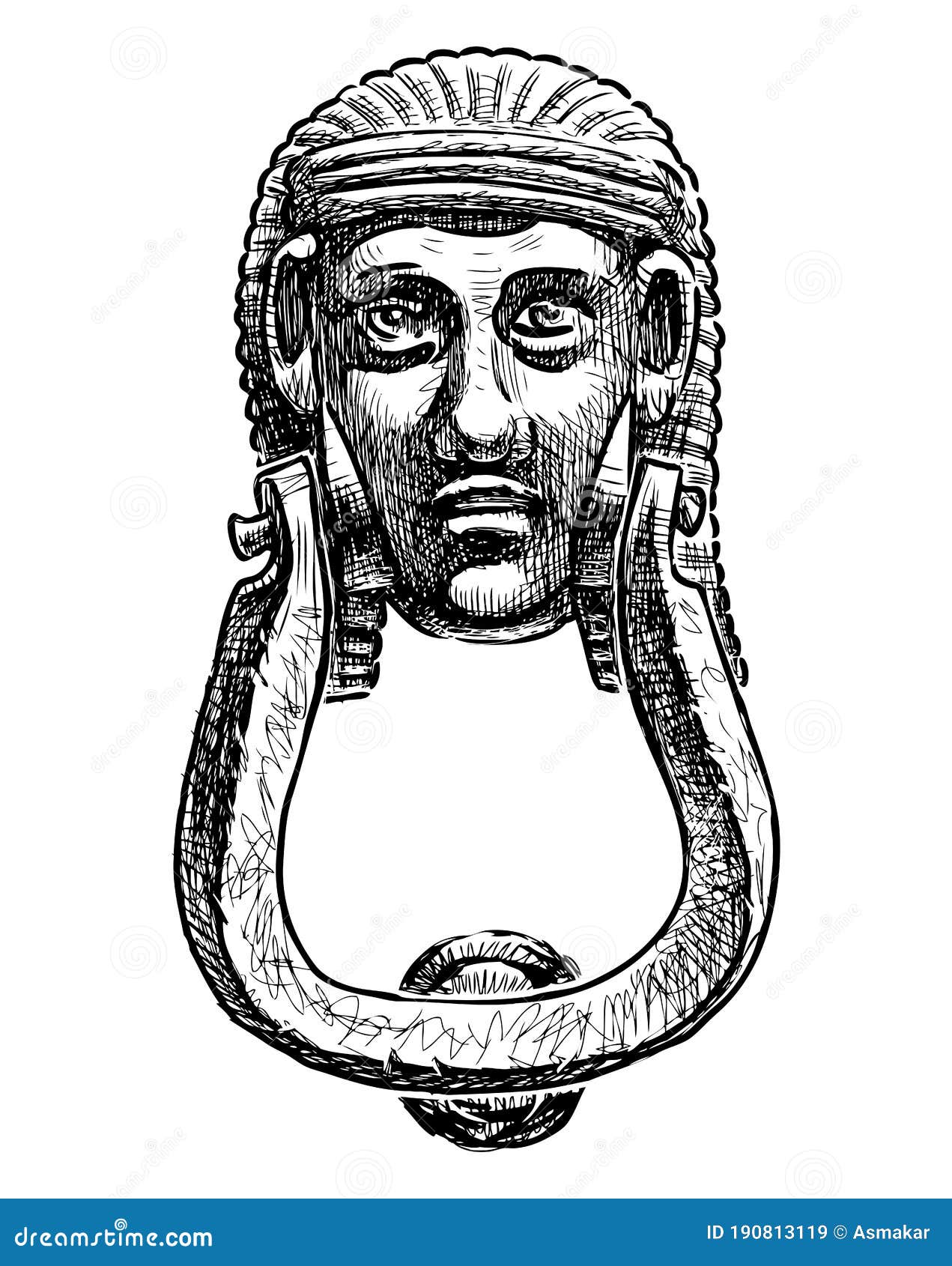Hand Drawing Of Ancient Metal Door Handle In Form Of Egyptian Face ...