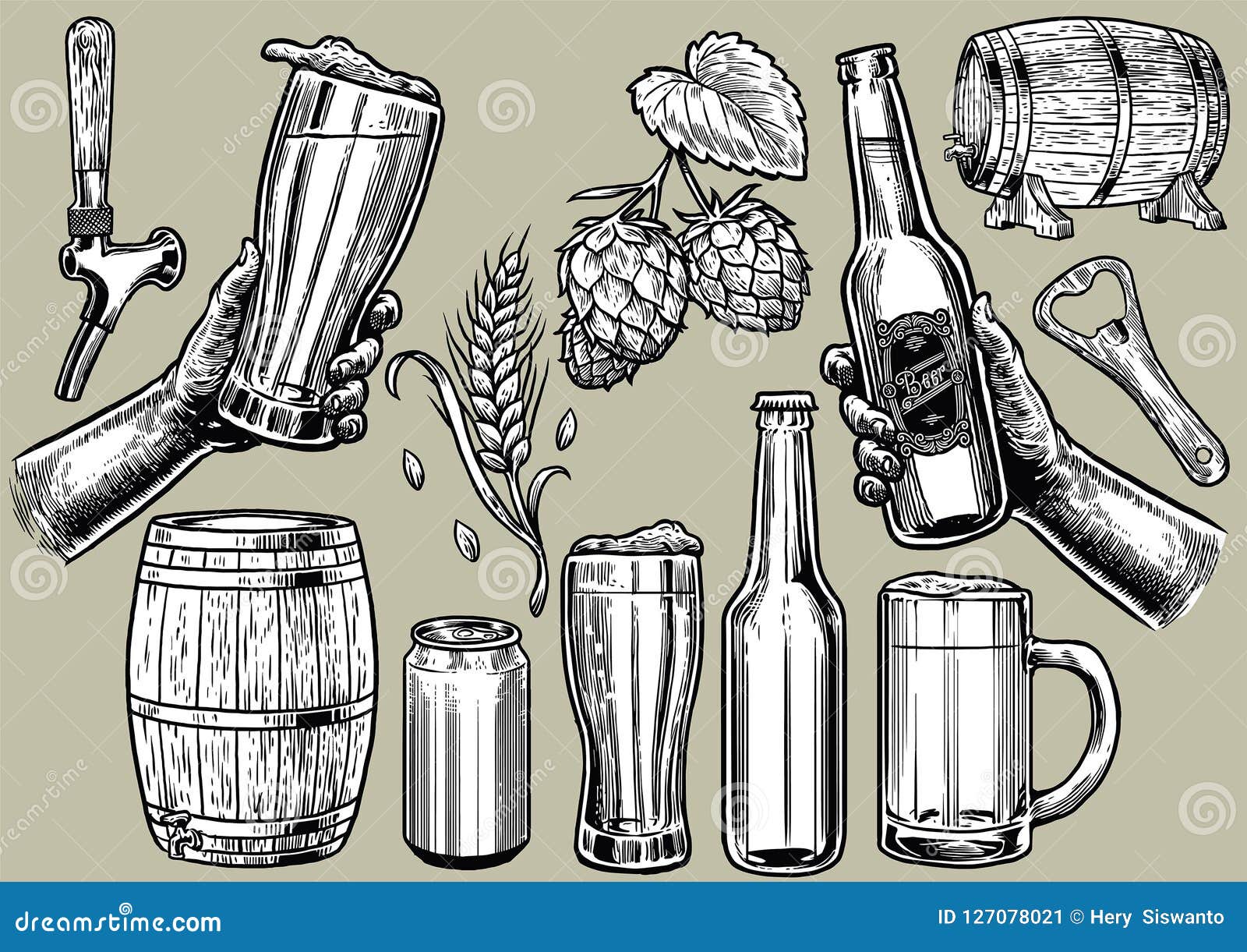 Hand Drawing of Beer Objects in Set Stock Vector - Illustration of barn ...