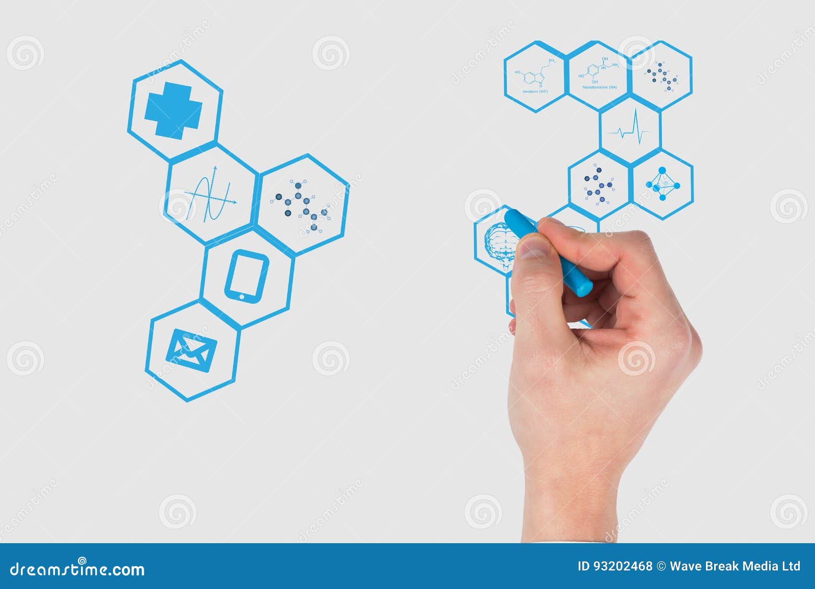 Hand Drawing Blue Icons Against White Background Stock Photo - Image of ...