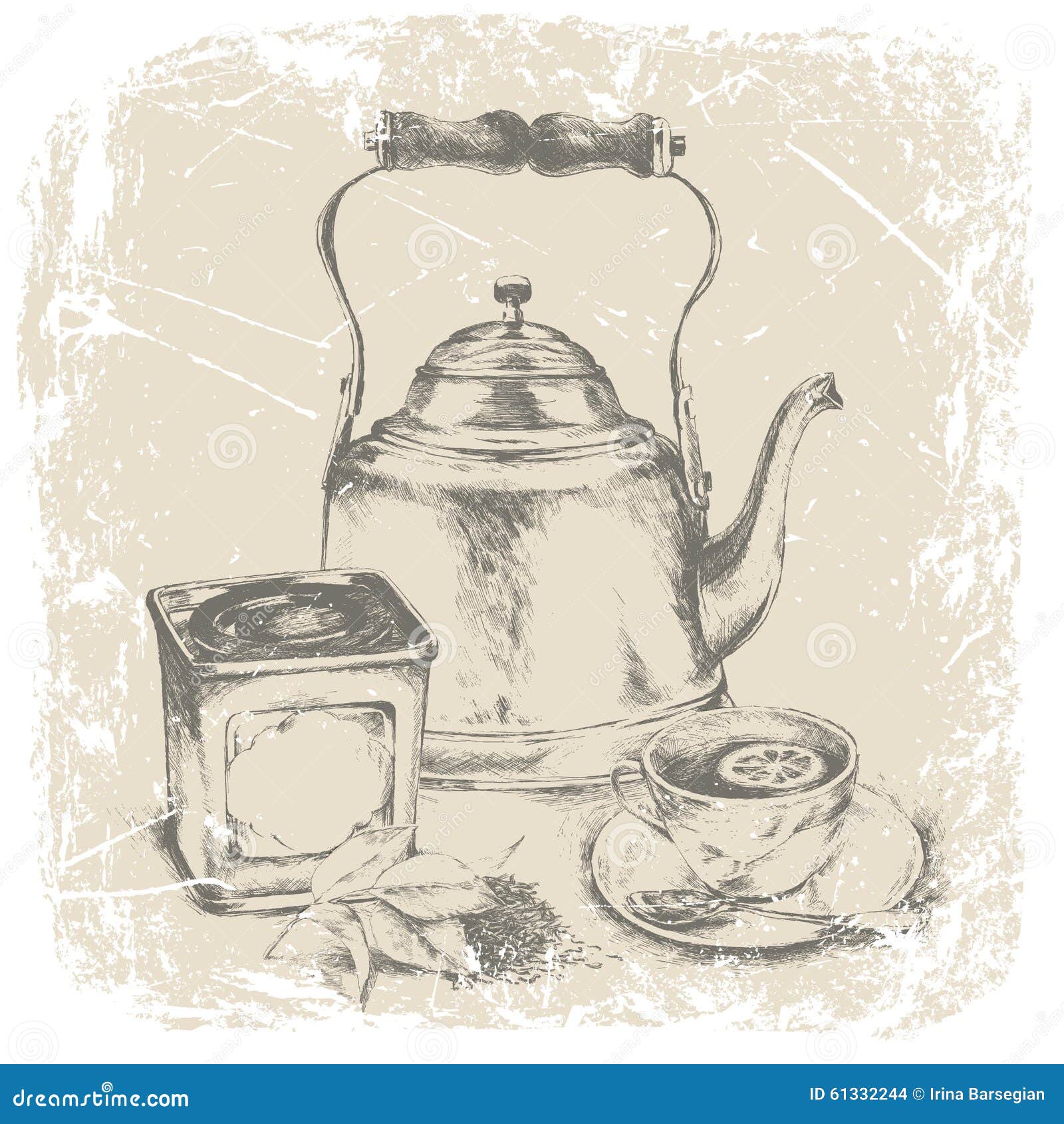 Hand Drawing Of Box Of Tea, Cup Of Tea, Tea Leaves,lemon .vector ...