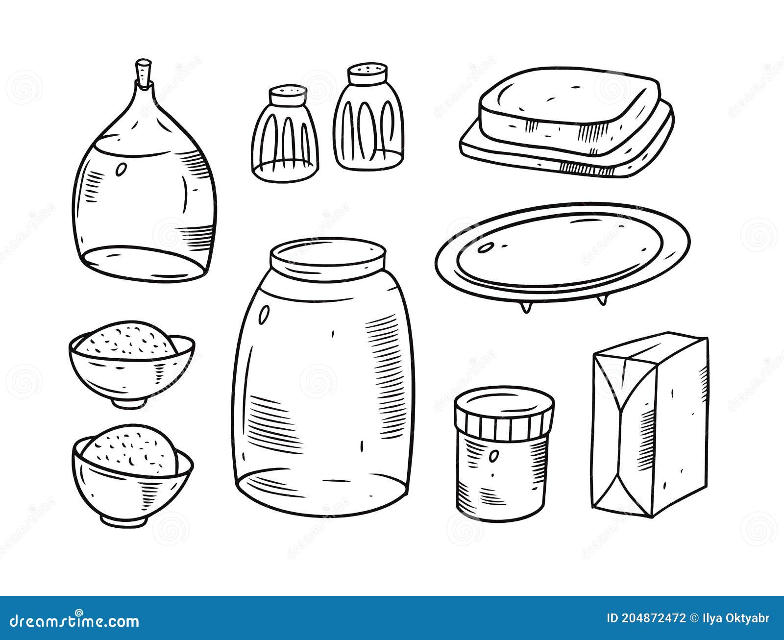 Hand Drawing Breakfast Set. Doodle Black and White Colors Stock Vector ...