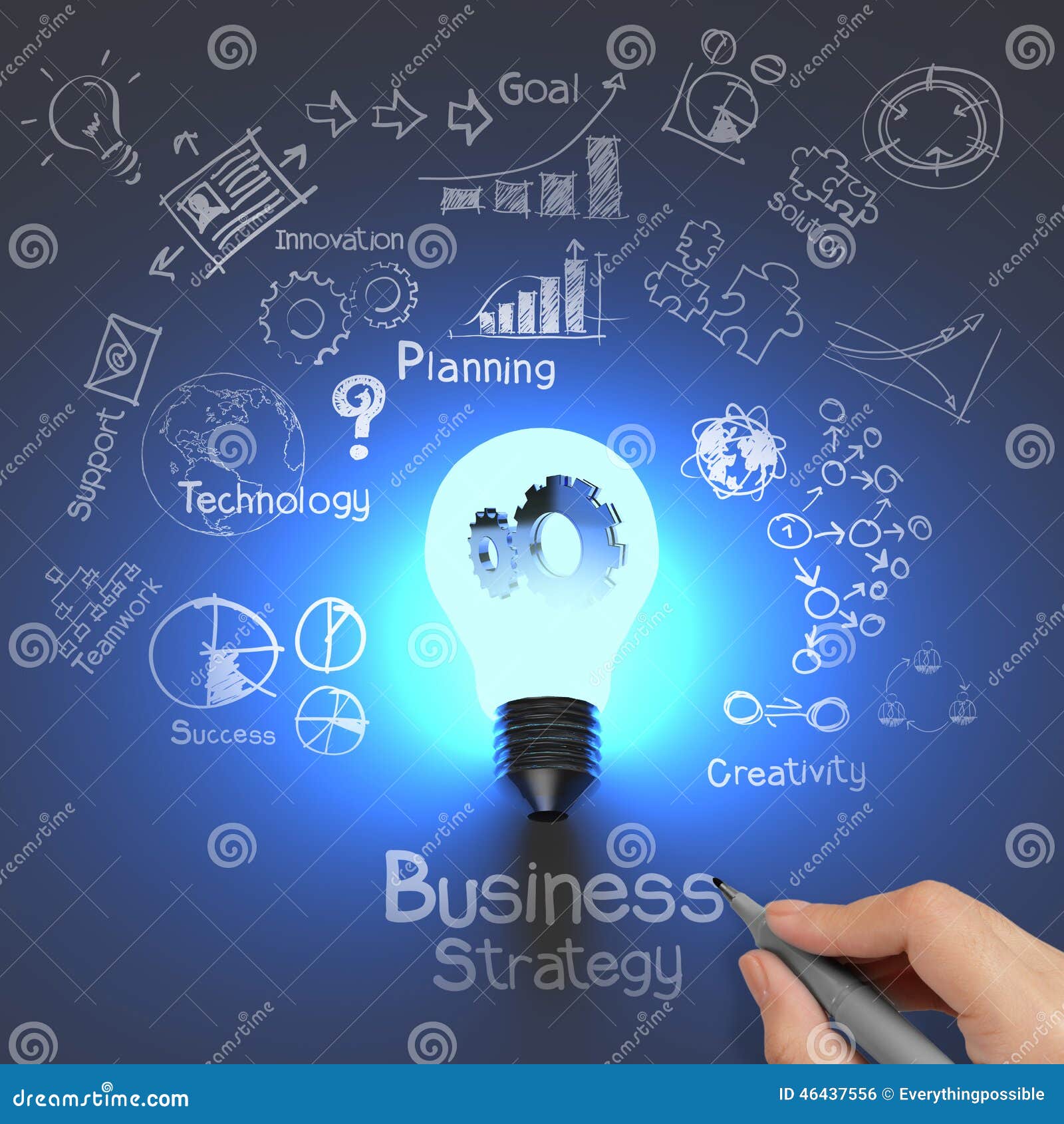 Hand Drawing Business Strategy and Light Bulb Stock Photo - Image of ...