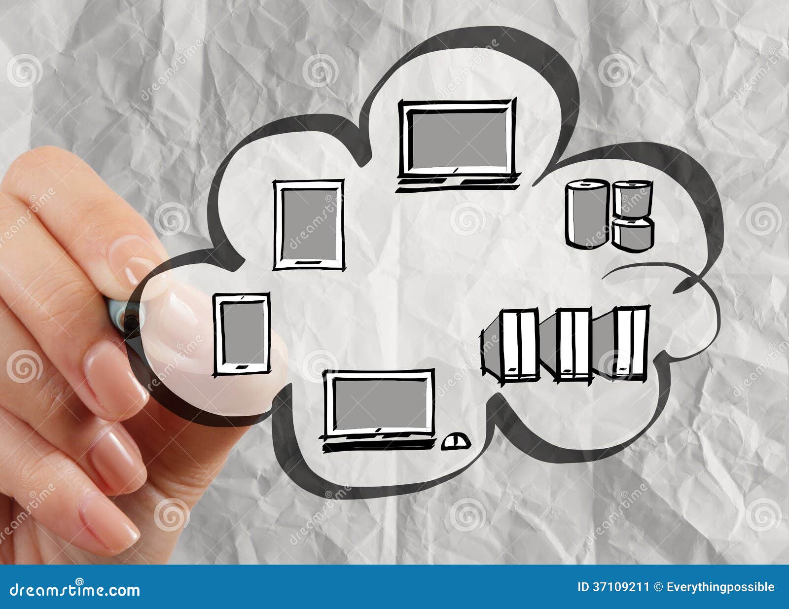 Hand Drawing Cloud Computing Diagram with Crumpled Paper Stock ...