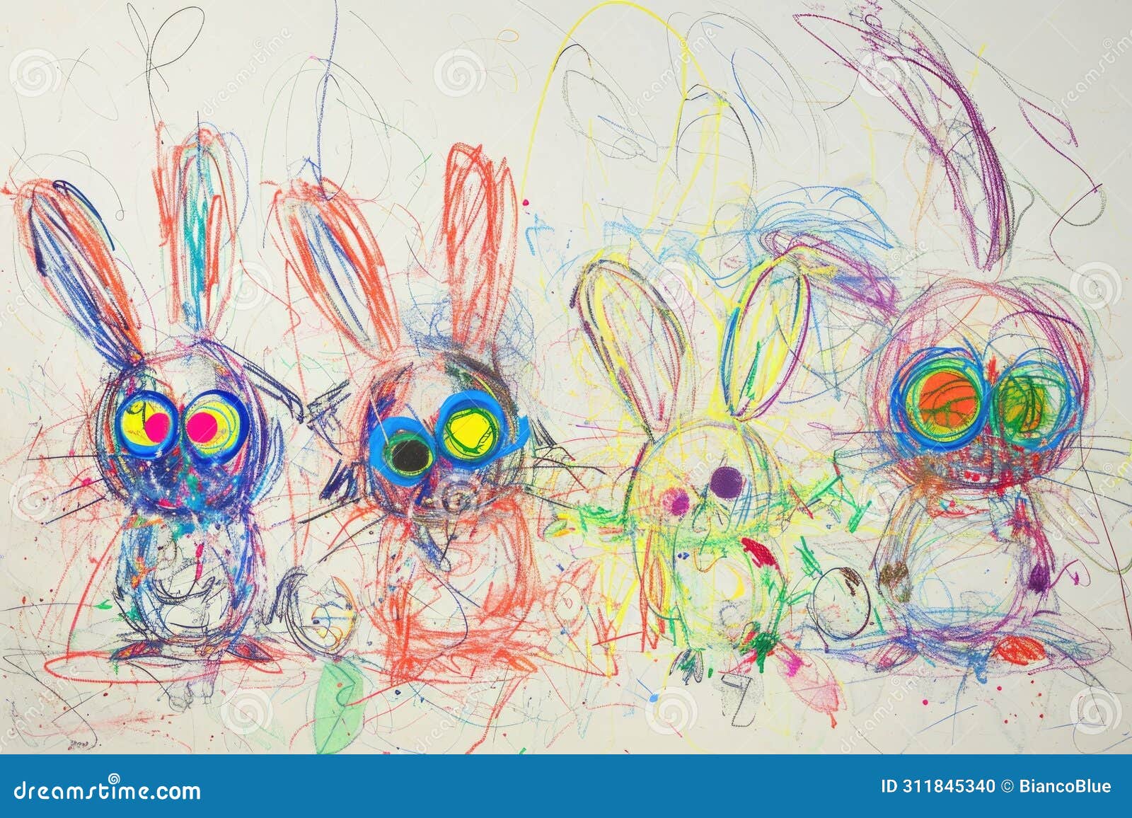 A Hand Drawing Colorful Group of Various Type of the Rabbit with Crayon ...