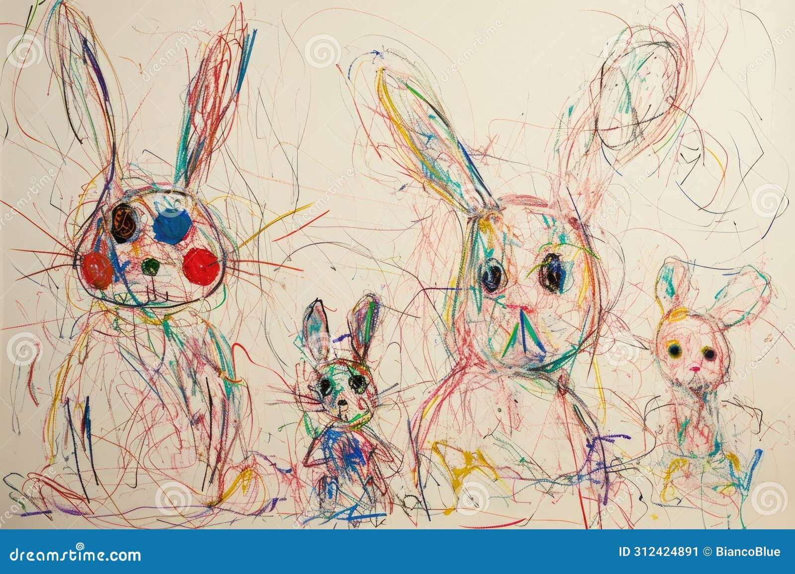 A Hand Drawing Colorful Group of Various Type of the Rabbit with Crayon ...