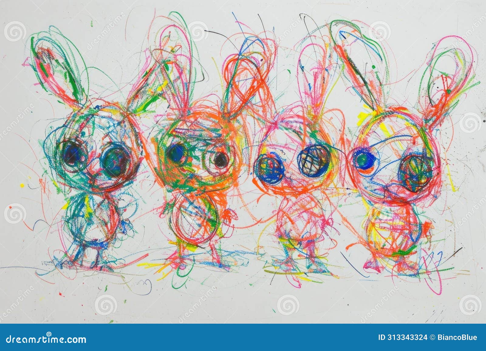 A Hand Drawing Colorful Group of Various Type of the Rabbit with Crayon ...