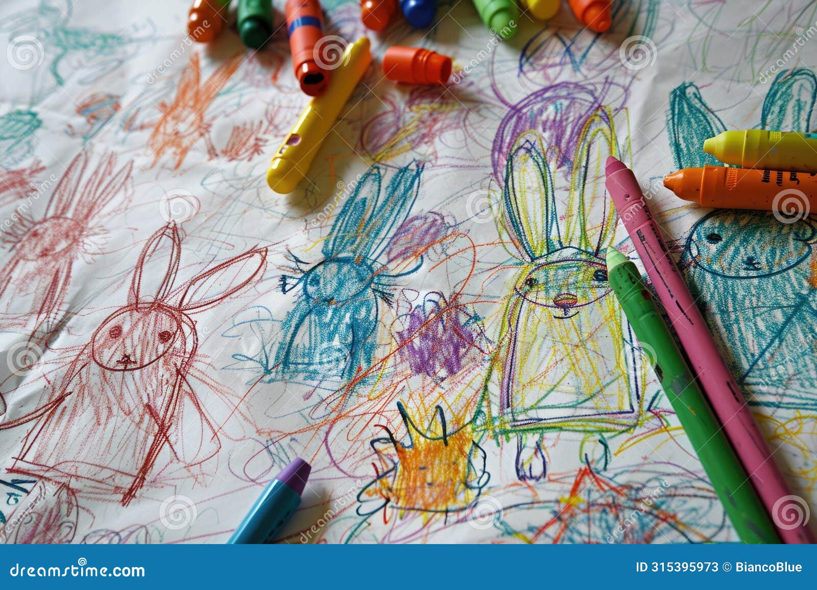 A Hand Drawing Colorful Group of Various Type of the Rabbit with Crayon ...