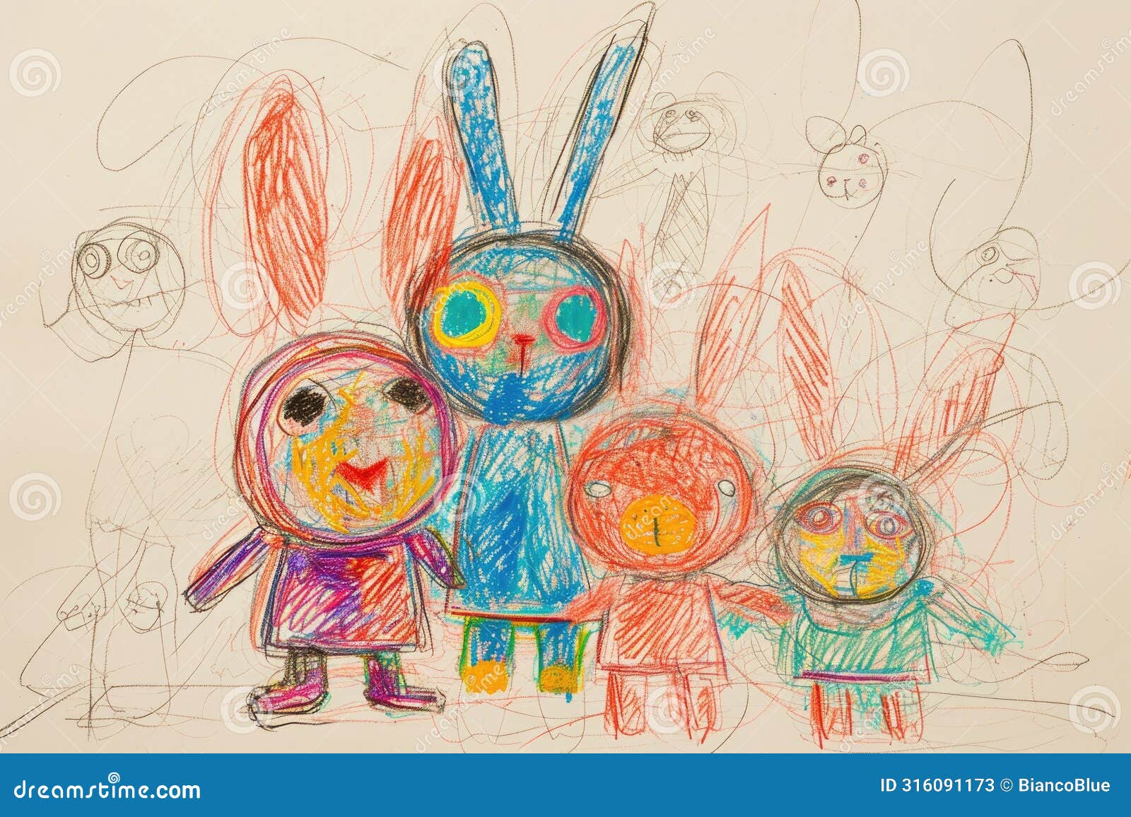 A Hand Drawing Colorful Group of Various Type of the Rabbit with Crayon ...