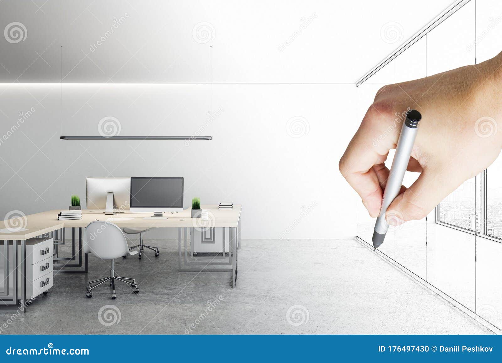 Hand Drawing Coworking Office Interior with Computers Stock ...