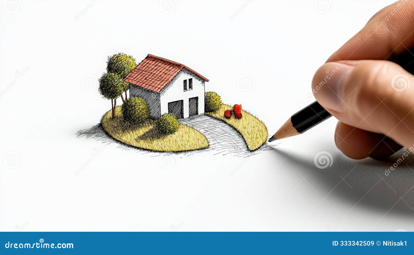 Hand Drawing a Creative House Design with Trees and a Pathway ...