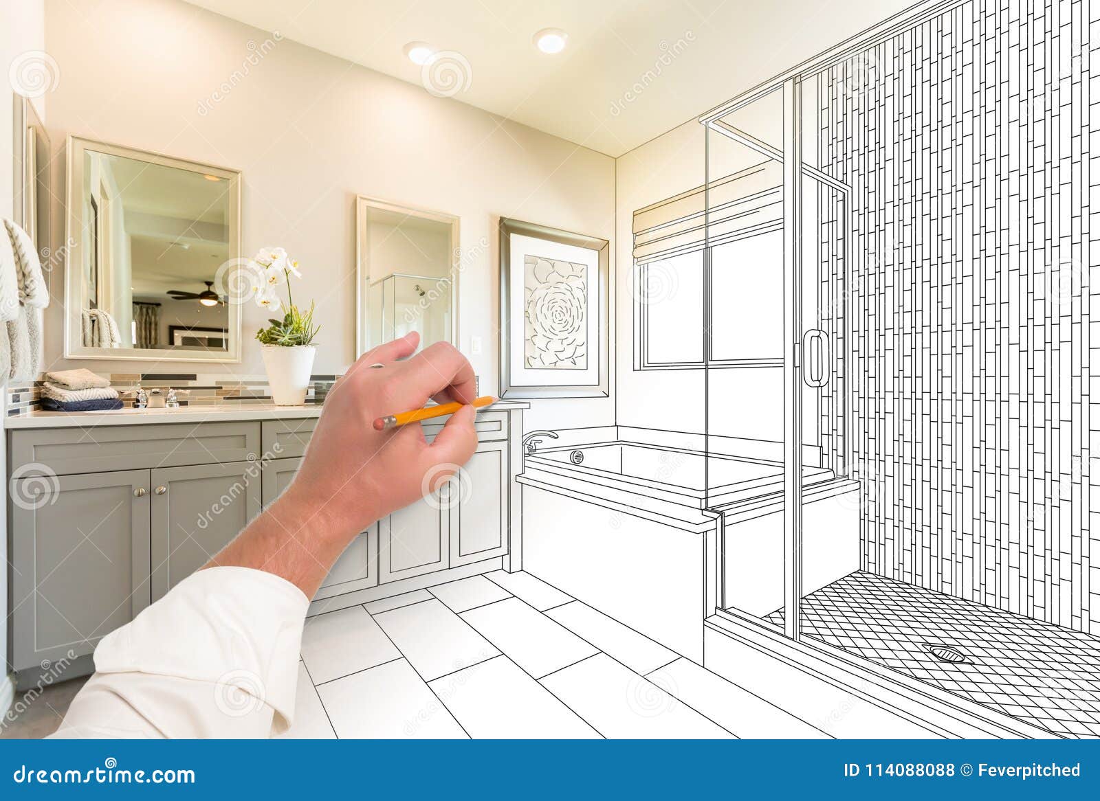 Hand Drawing Custom Master Bathroom with Cross Section Stock Photo ...