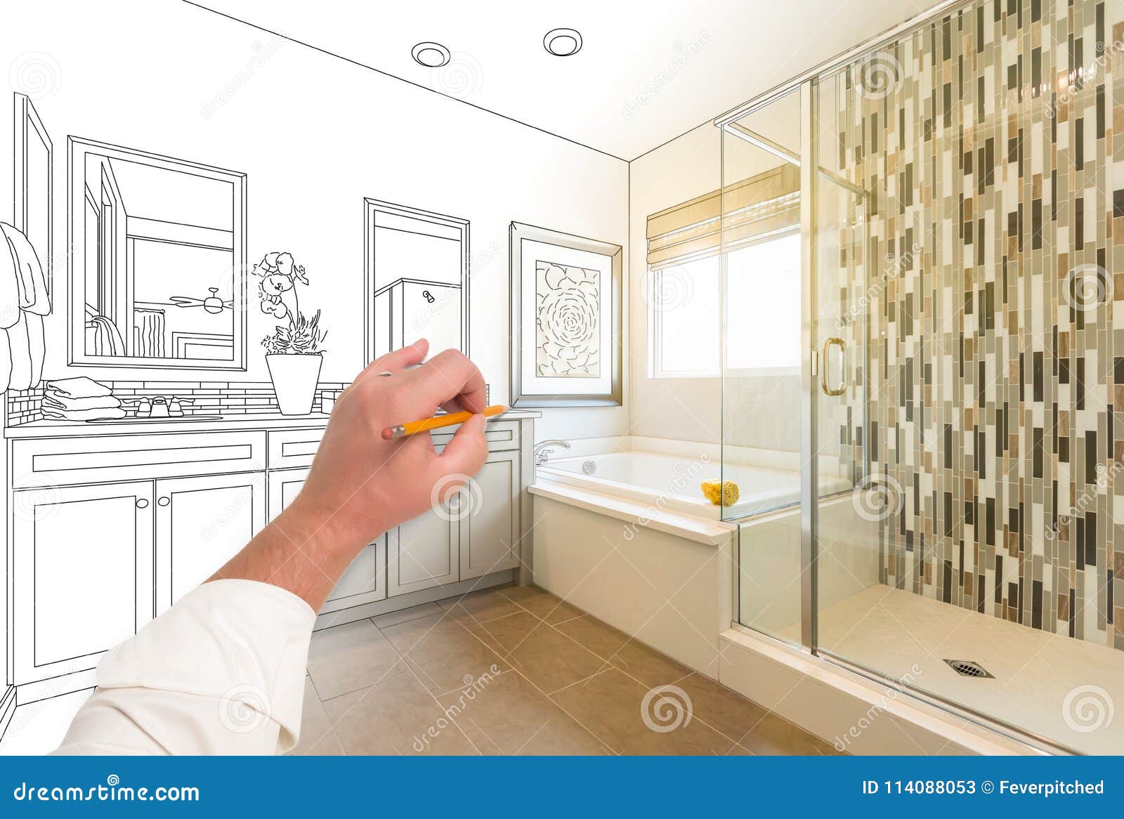 Hand Drawing Custom Master Bathroom with Cross Section Stock Image ...