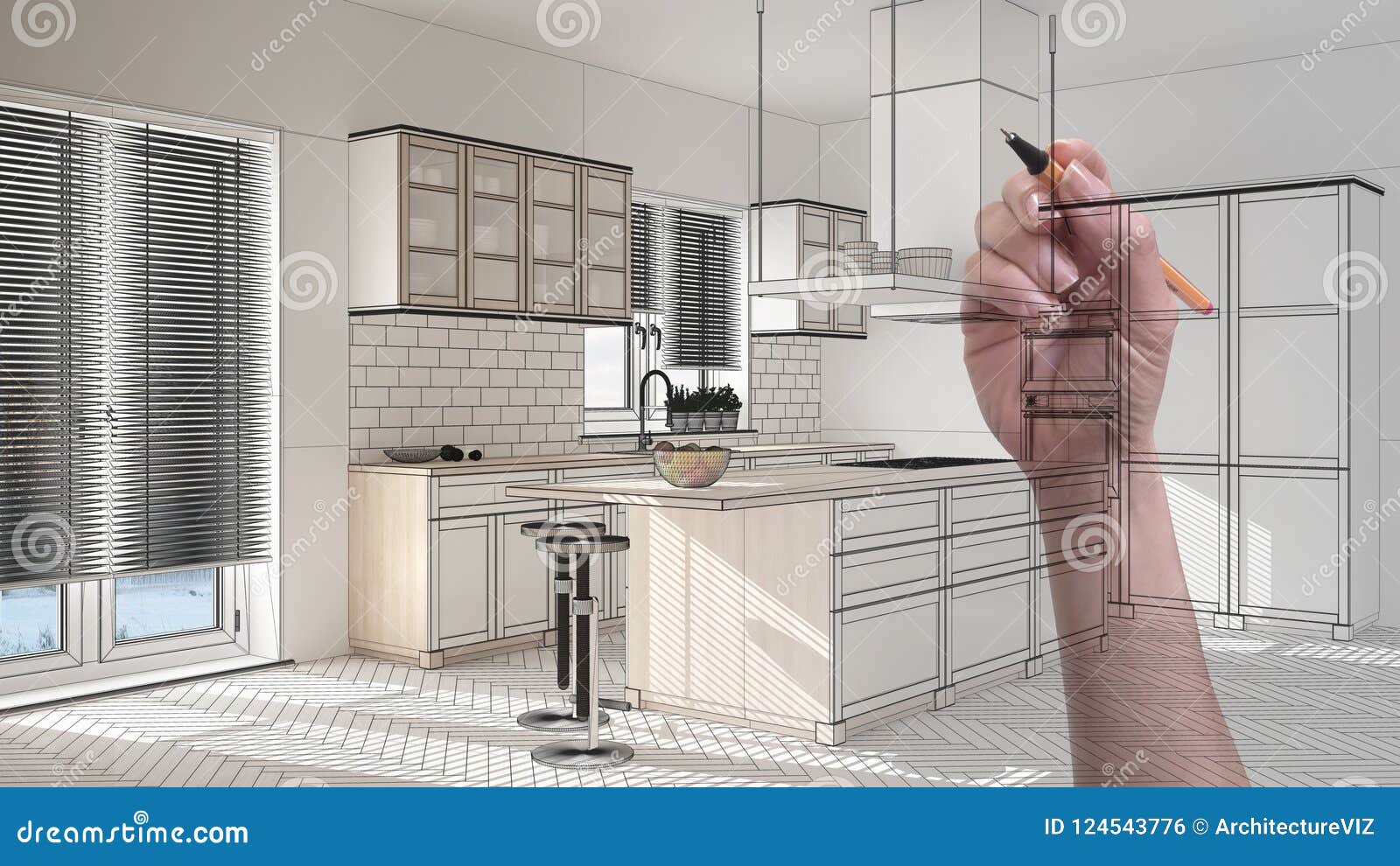 Hand Drawing Custom Modern Minimalist White Kitchen. Tailored ...