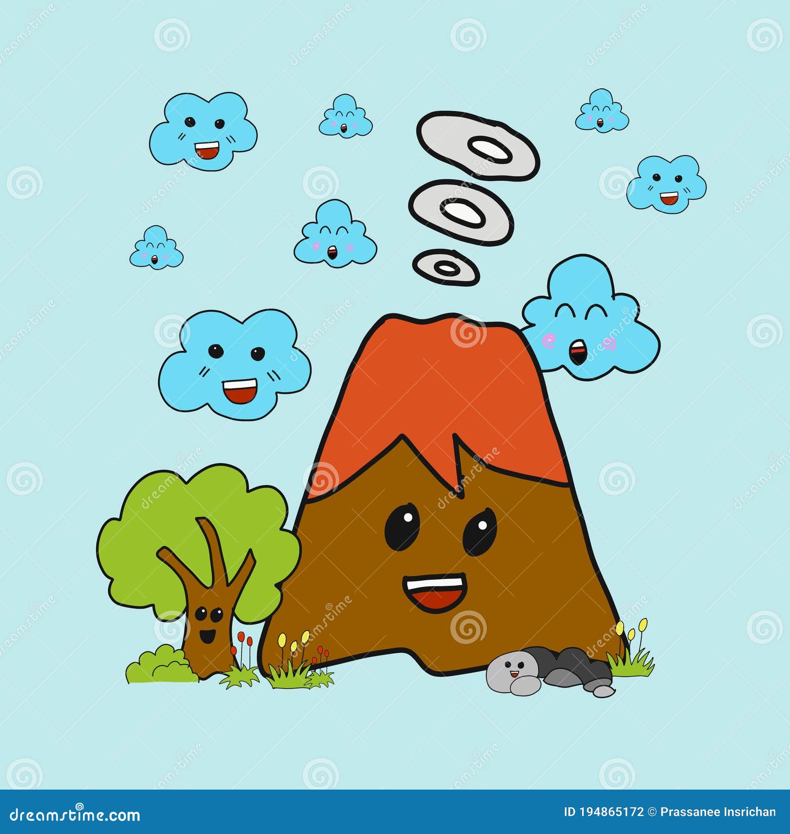 Cute Volcano Drawing Clipart Sticker Sketch For Coloring Cartoon Vector ...