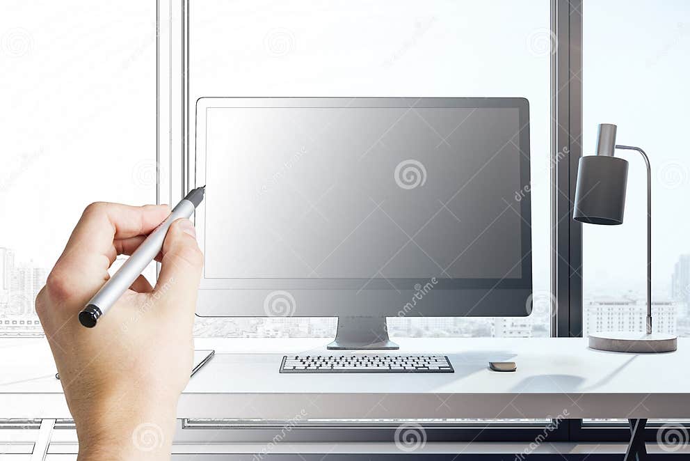 Hand Drawing Designer Desktop Stock Illustration - Illustration of ...