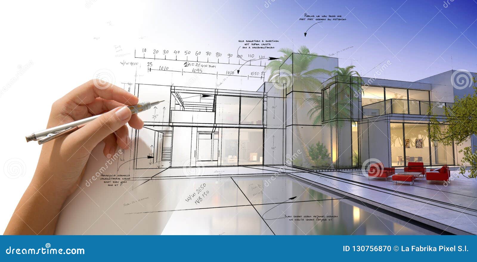 Hand Drawing a Designer Villa with Pool Stock Photo - Image of minimalist, draft: 130756870