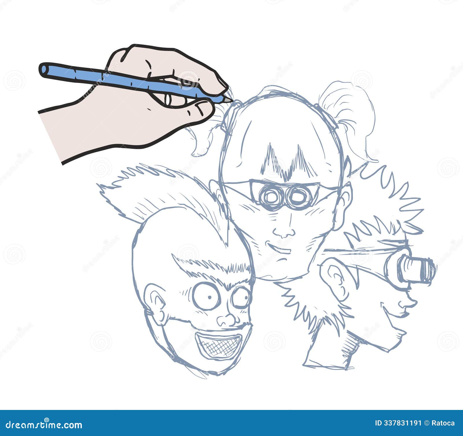 Hand drawing faces stock illustration. Illustration of pencil - 337831191