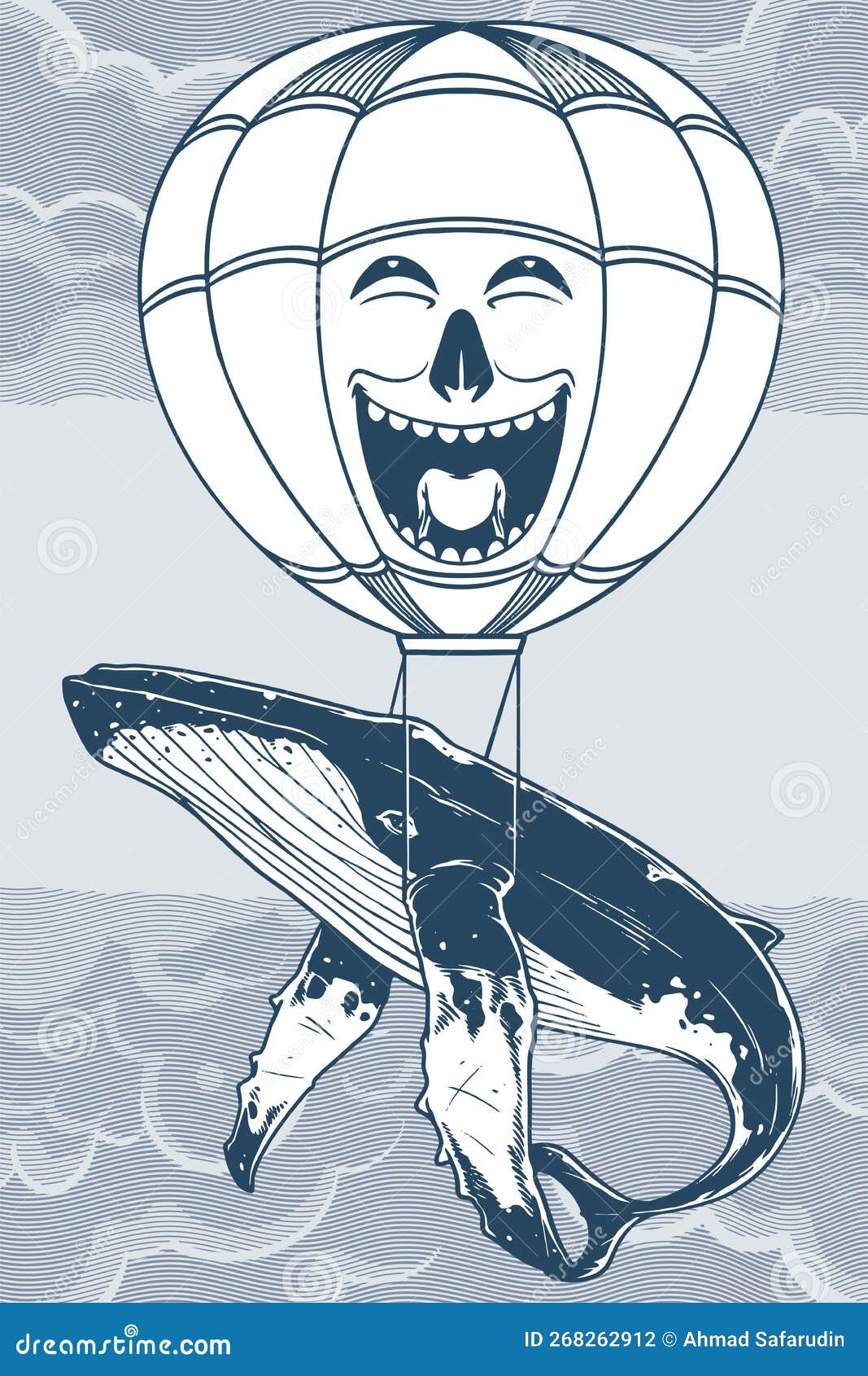 Hand Drawing of Flying Wheel with Air Balloon in Ocean Theme Stock ...