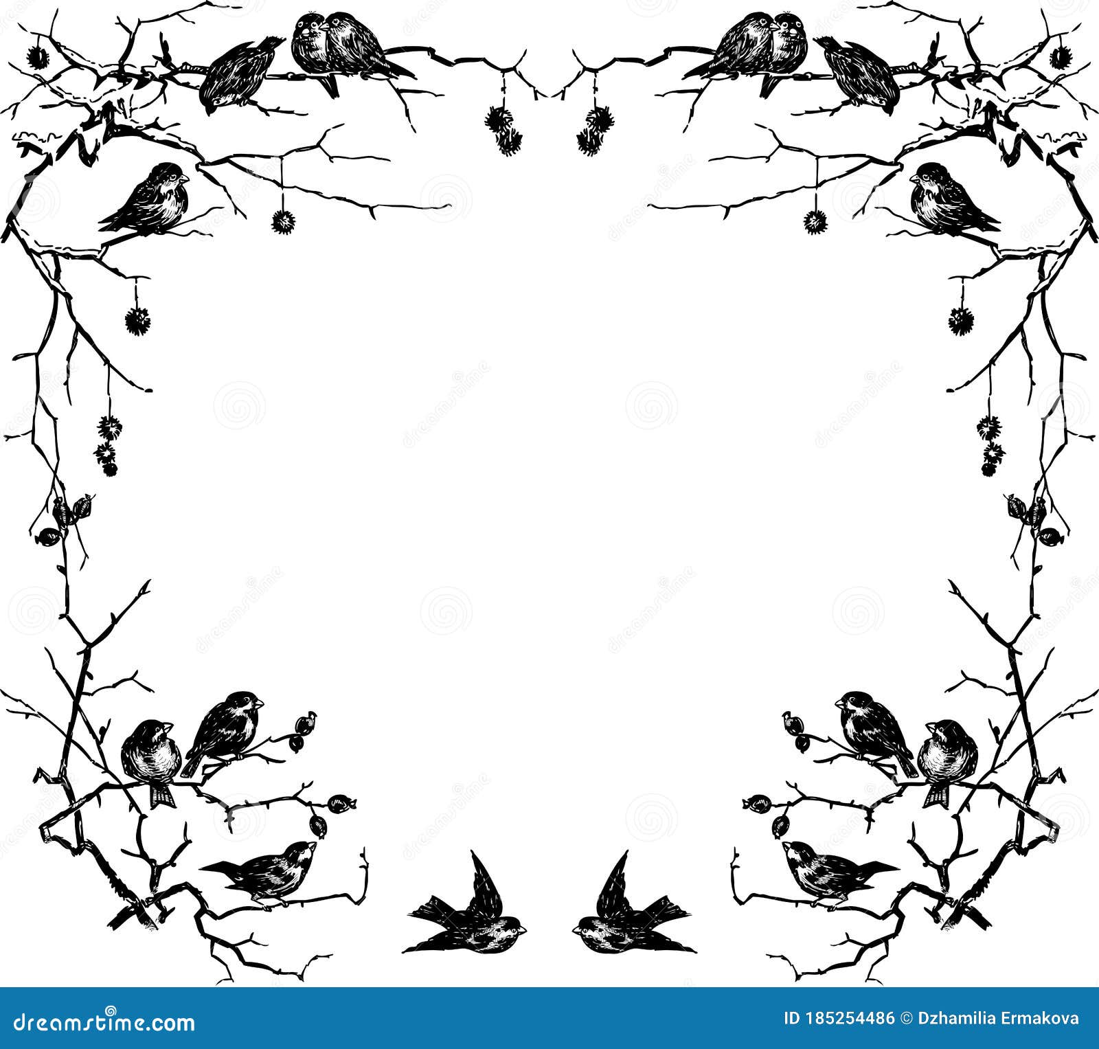 Hand Drawing of Frame from Sparrows Sitting on Tree Branches in Winter ...